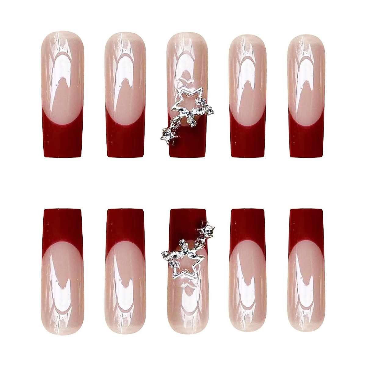 LLAOIMB French Square False Nails, 24pcs Red Acrylic Press on Nails with Star Designs, Full Cover Glossy Glue on Nails for Women
