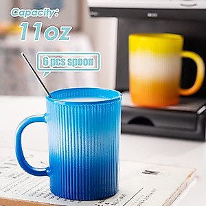 Claplante 6 Pack Coffee Mugs 11 oz Espresso Mugs with Handles, Tea cups with 6 Spoons, Drinking Glasses, Hot Chocolate Mugs, Cocoa Mugs, Mug Sets, Coffee Cups for Latte, Espresso Coffee, Juice, Tea