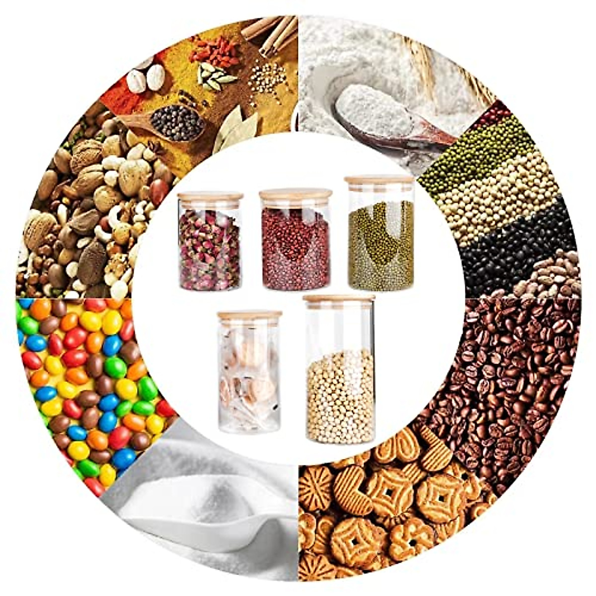 IZEJAZT Glass Jars With Bamboo Lids. 5 Pc Set of Air Tight Sealable Containers. Food Jar Canisters with Airtight Lid for Pantry Storage and Kitchen Organization.