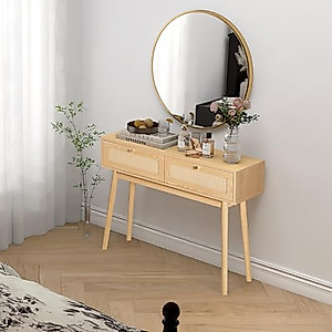 TYBOATLE Kraft Woven Rattan Console Table with 2 Drawers, Narrow Wood Entry Way Table, Modern & Boho Accent Sofa Bar Table for Entryway, Foyer, Front Hall, Hallway, Living Room (Natural Ash)