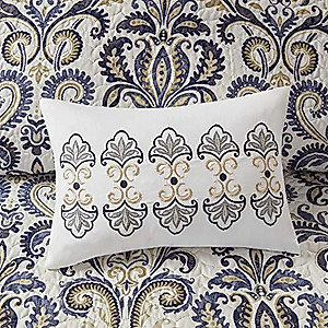 Madison Park Quilt Traditional Damask Design All Season, Lightweight Coverlet Bedspread Bedding Set, Matching Shams, Pillows, King/Cal King(104"x94"), Navy/White 6 Piece