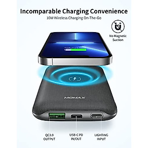 MOMAX Wireless Portable Charger, 10000mAh MFi Power Bank Lightning Input 20W PD QC 3.0 USB C External Battery Pack 2 Input & 3 Output Phone Charger for iPhone, Airpods, Samsung, Android (Dark Grey)
