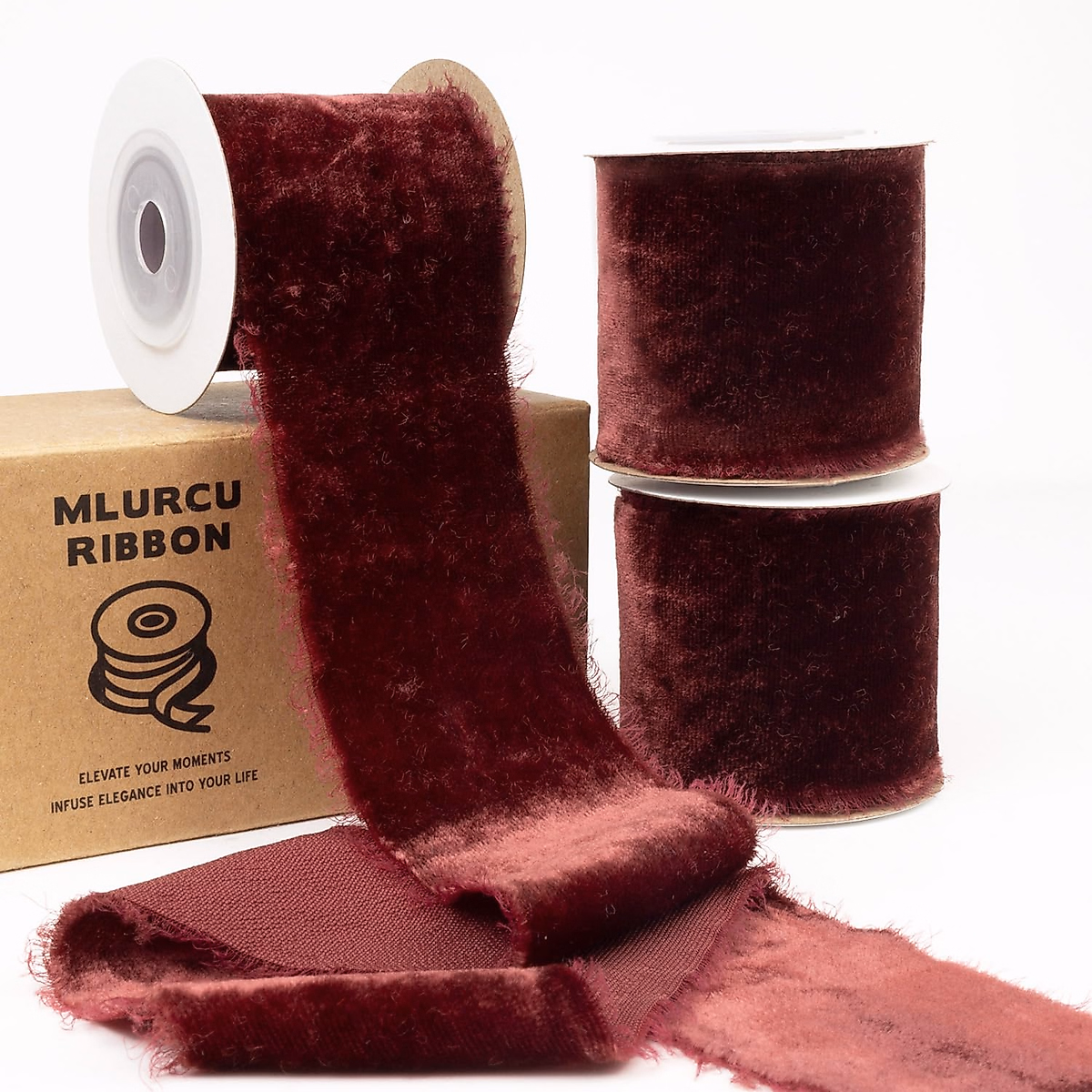 Mlurcu Silk Velvet Ribbon 2 Inch Handmade Frayed Fringe Ribbon Rustic Boho Raw Edge Fabric Ribbons for Wedding Vow Books Invitations Bridal Bouquets Gift Wrapping Christmas Baby Shower Decorations