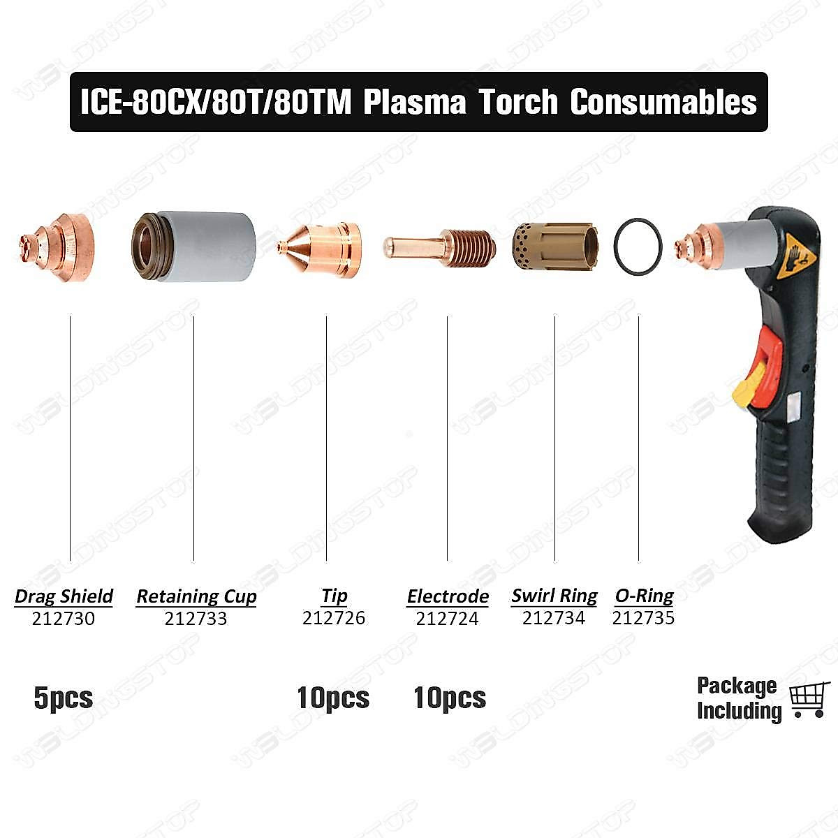 Plasma Cutting 212726 Tip Nozzle 212724 Electrode 212730 Shield Cap Fit Miller ICE-80CX Torch Qty-25