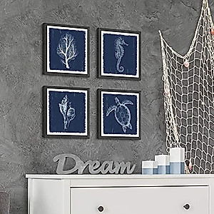 Sea life Art Framed Artwork: Coastal Pictures Ocean Theme Square Collection Set of 4 Wall Decor Set Prints for Bedroom (Multi-Style)