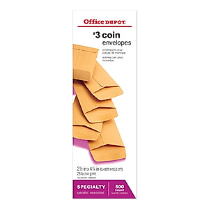 Office Depot® Brand Coin Envelopes, 3, 2 1/2" x 4 1/4", Brown Kraft, Pack Of 500