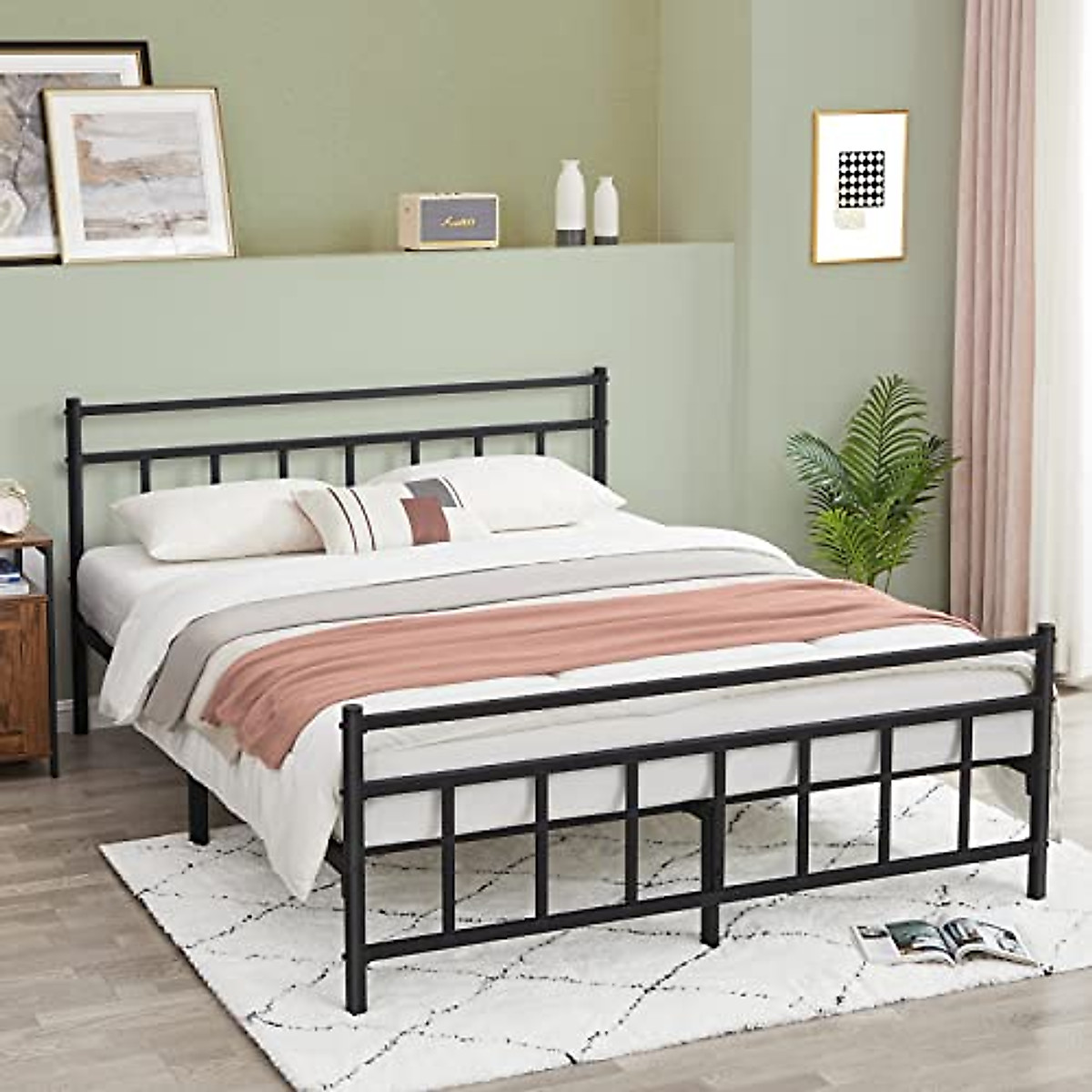 GreenForest Queen Bed Frame with Headboard Metal Platform Bed Heavy Duty No-Noise Steel Slats Support Mattress Foundation, No Box Spring Needed, Queen Size