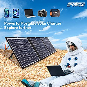 POWOXI 60W Portable Solar Panel for Power Station, IP65 Waterproof Foldable 5V-20V DC Output, with Adjustable Kickstand, Solar Charger with USB Outputs for Phone Outdoor Camping RV
