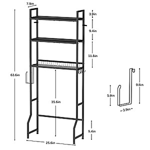 NOVIMANGO Over The Toilet Storage 3 Tier Over Toilet Bathroom Organizer Wooden Bathroom Space Saver Freestanding Above Toilet Stand with 4 Hooks Black Over The Toilet Rack for Restroom, Laundry