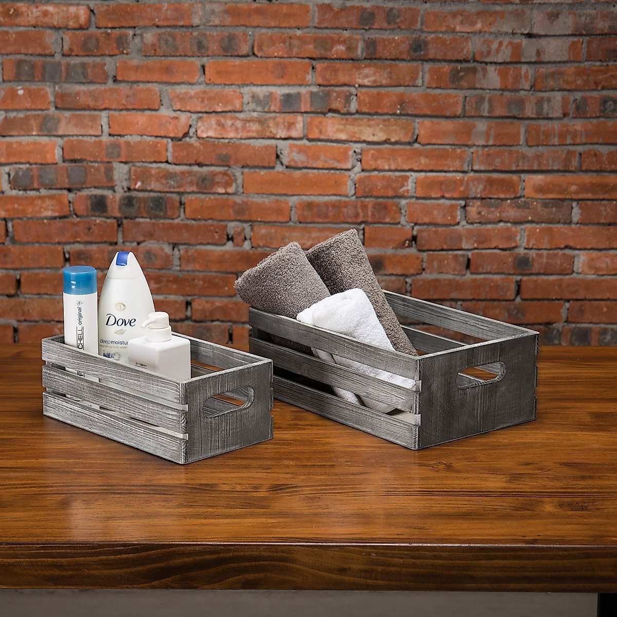 MyGift Rustic Light Gray Solid Wood Decorative Storage Box with Cutout Handles, Country Style Nesting Storage Crate Bin with Open Top Pallet Design, Set of 2