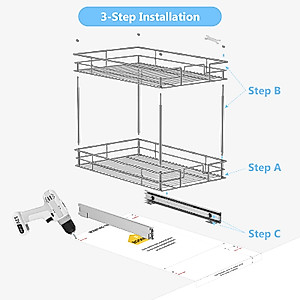 LOVMOR Cabinet Organizer, 2-Tier Pull Out Cabinet Organizers 11" W x 21" D, Pull Out Home Organizers Chrome Pull Out Drawer for Base Cabinet Silver