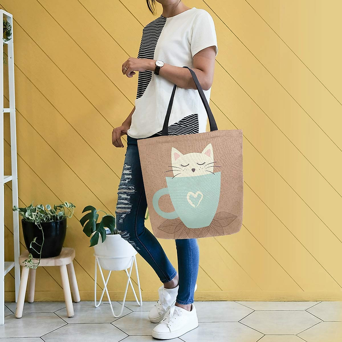 ALAZA Large Canvas Tote Bag Hello Fall Cute Cat Coffee Brown Shopping Shoulder Handbag with Small Zippered Pocket