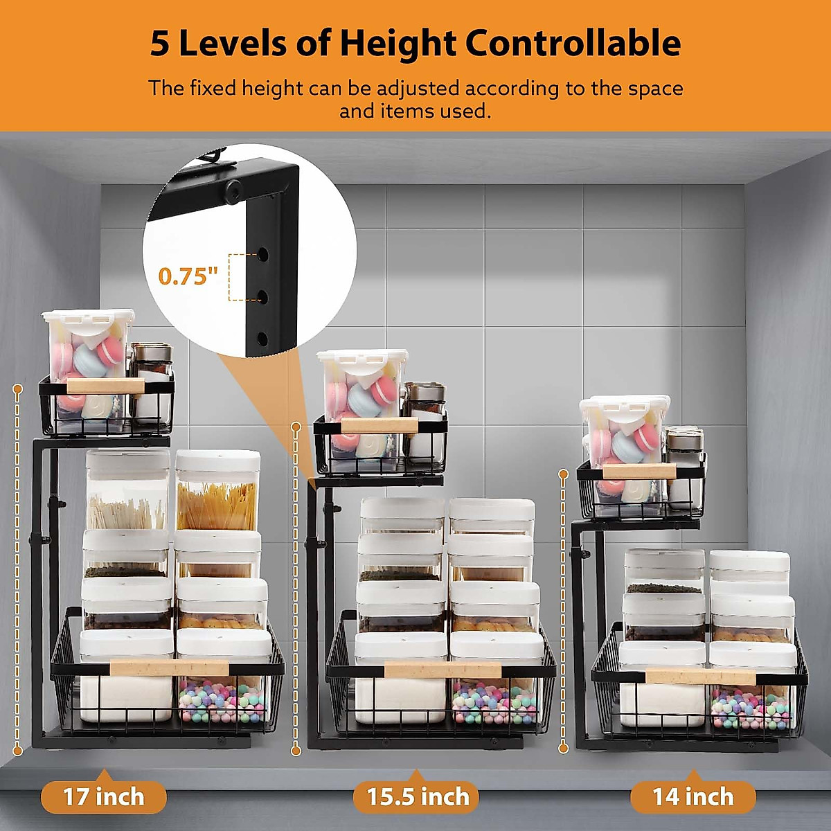 Under Sink Organizers and Storage 2 Pack, 2 Tier Height Adjustable Bathroom Organizers and Storage Sliding Under Kitchen Sink Organizer Pull Out Cabinet Organizer for Kitchen Bathroom Cabinet