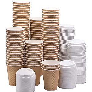 NYHI Set of 150 Brown Disposable Paper Cups with White Lids 6 oz Ripple Insulated Kraft for Hot Drinks Tea Coffee Triple Layer Design Recyclable Durable Paper