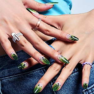 GLAMERMAID Press on Nails Almond,Green Gel False Nails with Design,24 PCS Glue on Nails,Reusable Acrylic Stick on Nails Tips Manicure Set for Women,Urban Jungle