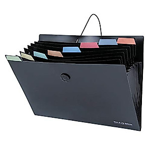 Uquelic 8 Pockets Expanding File Folder - Plastic Black Accordion Document Storage Organiser A4 Letter Size Expandable File Jacket Filing Wallets with Label (Black)