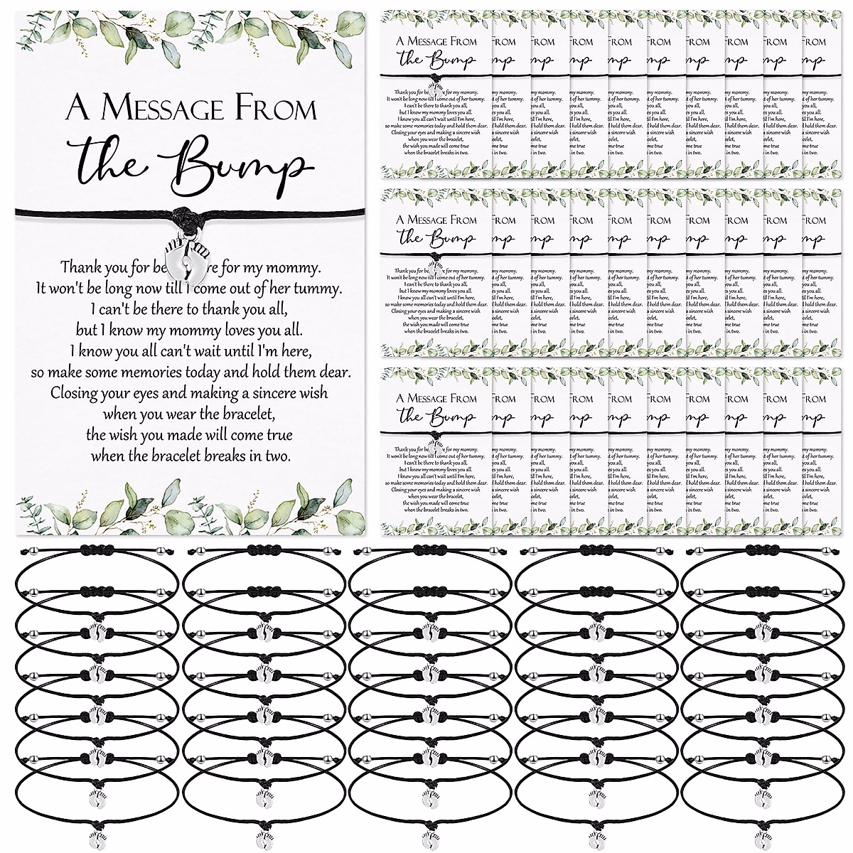Thyle 50 Set Baby Shower Favors for Guests Adjustable Bracelets with Message from the Bump Card Footprints Charm Baby Shower Bracelets for Gender Reveal Thank You Gifts (Leaf)