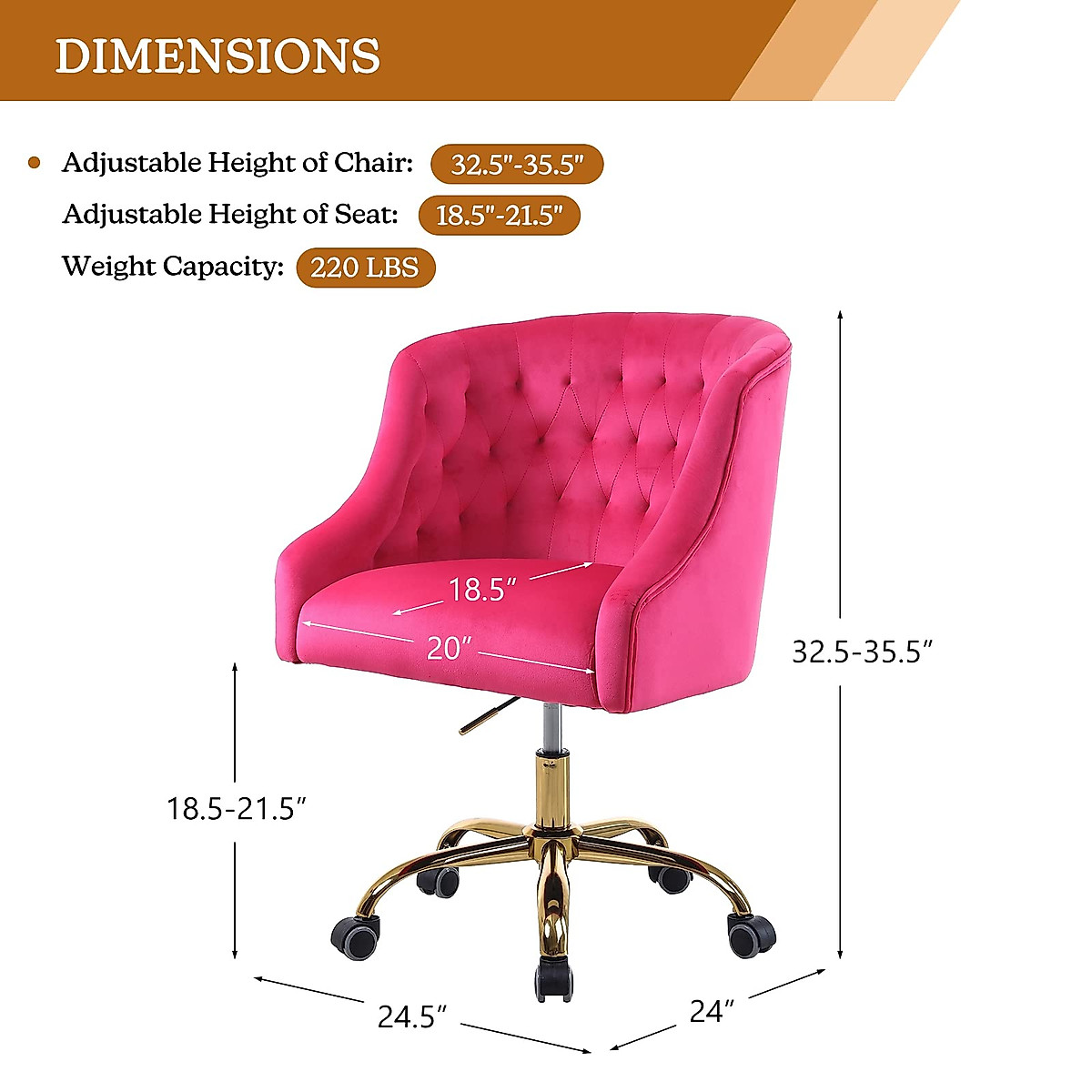 Velvet Home Office Chair with Gold Base, Comfortable Modern Cute Desk Chair, Adjustable Swivel Task Chair for Living Room Bedroom Vanity Study, Fushia