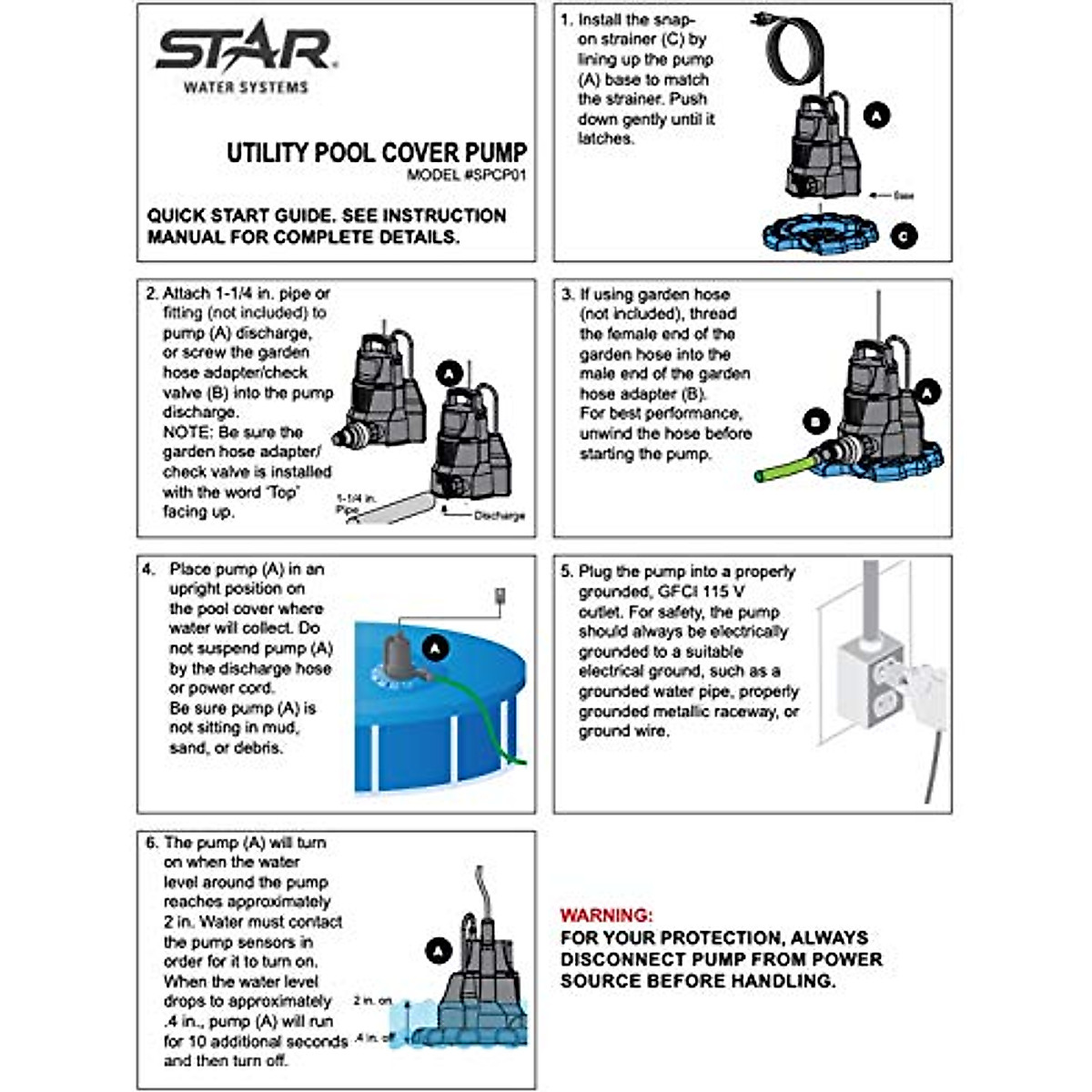 Star SPCP01 ¼ HP Automatic ON/OFF Swimming Pool Cover Pump with Garden Hose Adapter & 25' Power Cord, 2400 GPH Fast Water Removal, Submersible, Blue