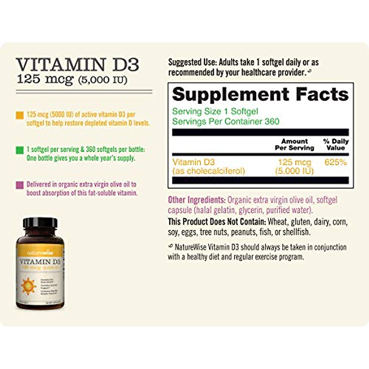 NatureWise Vitamin D3 5000iu (125 mcg) 1 Year Supply for Healthy Muscle Function, and Immune Support, Non-GMO, Gluten Free in Cold-Pressed Olive Oil, Packaging Vary ( Mini Softgel), 360 Count