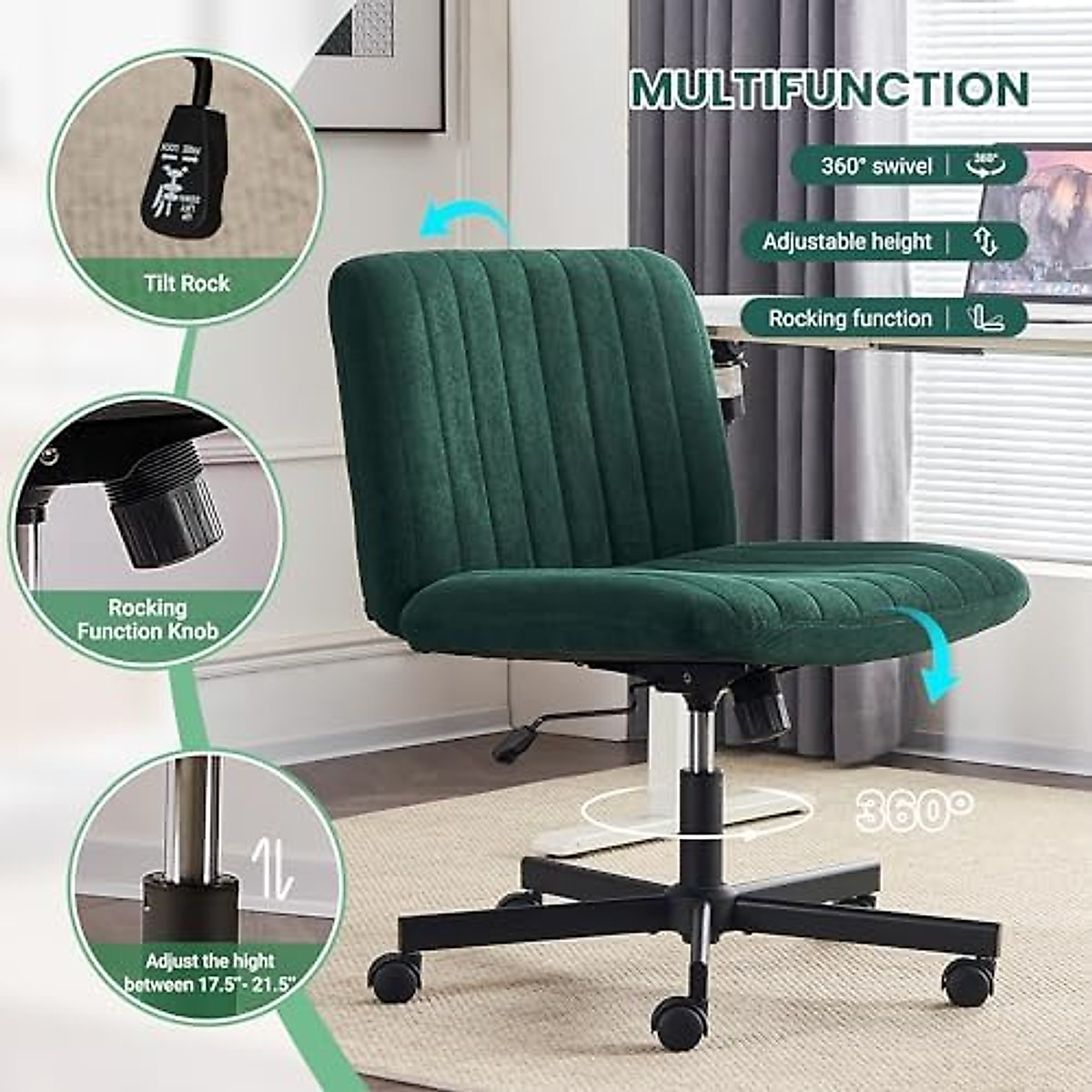 HoeuThien Green Desk Chair with Wheels Criss Cross Seat Home Wide Armless Office Computer Chair Adjustable Swivel Side Vanity Chair Dark Green for Girls