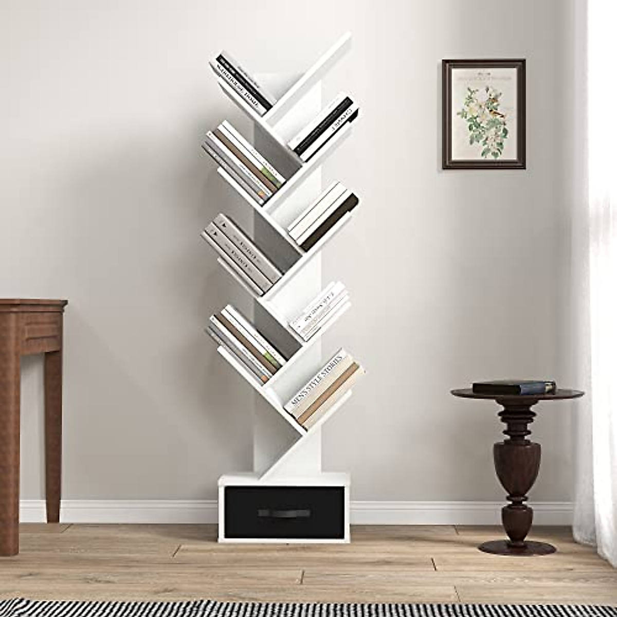 Panana Tree Bookshelf with Drawer, 8-Tier Wooden Storage Rack Wisdom Tree Book Holder Bookshelves Organizer for Living Room, Bedroom, Home Office (White)