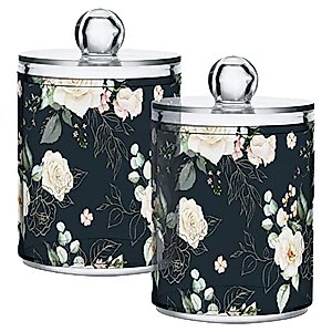 Gredecor 4 Pack Qtip Dispenser Apothecary Jars Bathroom Organizer, Romantic Pink Gold Flowers Black Qtip Holder Storage Canister Plastic Acrylic Jar for Cotton Ball/Swab/Rounds