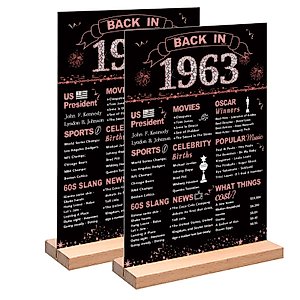 DARUNAXY Rose Gold 61st Birthday Gift for Women, 2PC Back in 1963 Poster Acrylic Sign with Stand for Girl 61 Year Old Birthday Anniversary Party Decoration Vintage 1963 Party Supply 61st Class Reunion