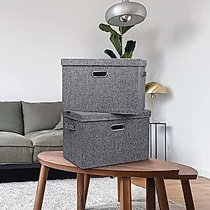 zzolee - 2 Packs Large Storage Bins with Lids, Collapsible Fabric Storage Cubes with Oval Grommets, 17x12x12 inch (Grey)