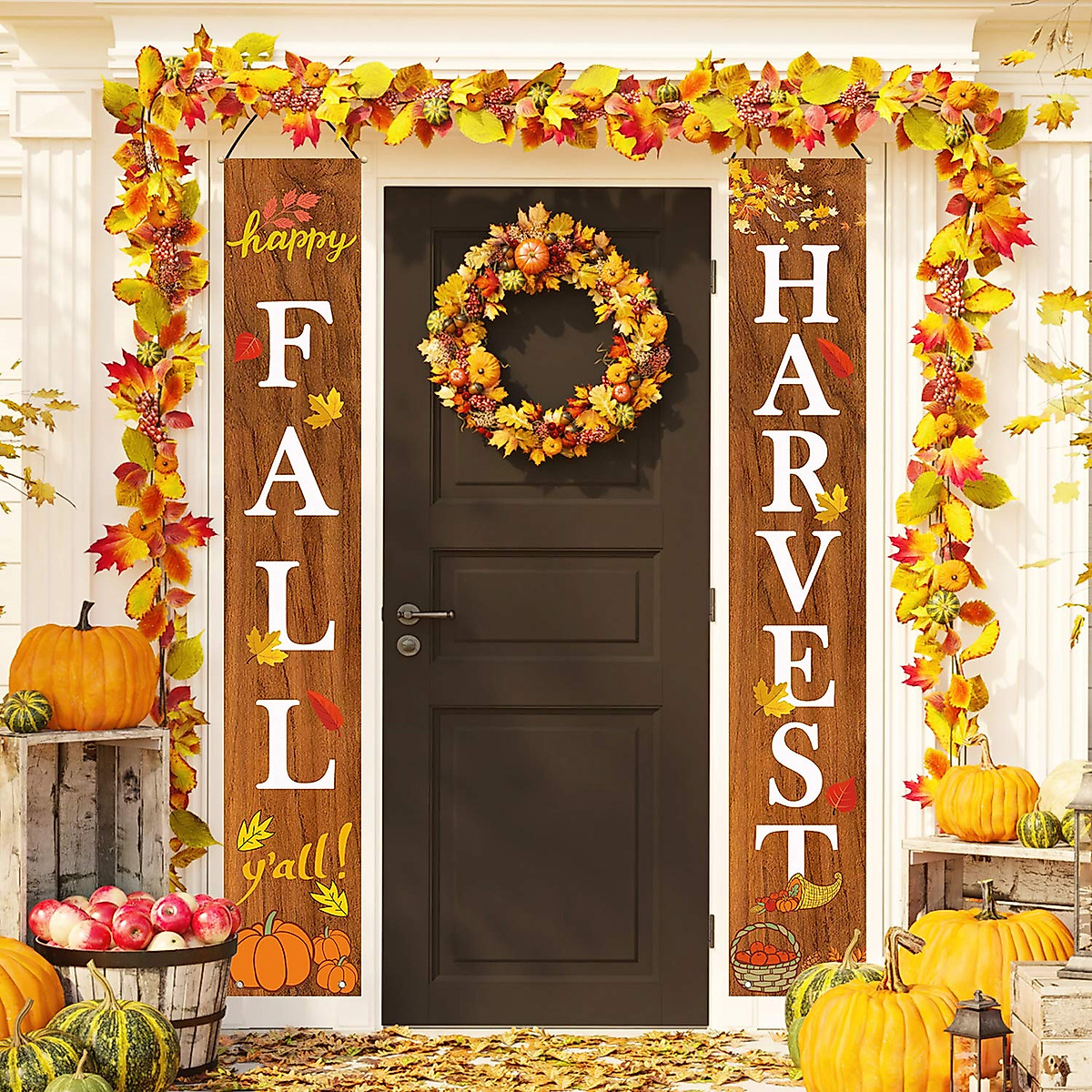 Whaline Fall Harvest Hanging Banner, Fall Porch Sign Autumn Pumpkin Maple Leaf Backdrop Flag for Home Yard Indoor Outdoor Wall Door Thanksgiving Party Decorations, 12 x 72 Inch