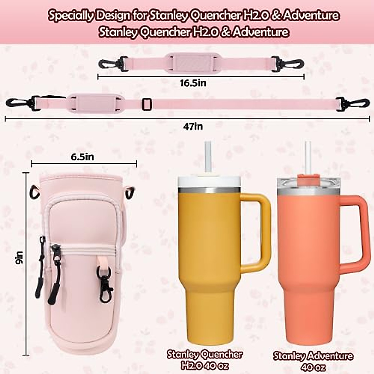 BABORUI Water Bottle Holder for Stanley with Strap, Water Bottle Carrier for Stanley 40oz, Adjustable Crossbody Shoulder Hand Strap 2 Pouch Water Bottle Accessories for Travelling Hiking Camping