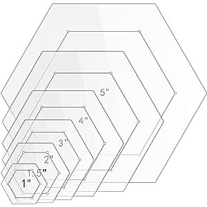 6 Pieces Hexagon Quilting Templates 1 Inch, 1.5 Inch, 2 Inch, 3 Inch, 4 Inch, 5 Inch with 1/4 Inch Seam Allowance, Acrylic Quilting Templates for DIY Quilting Sewing Crafts