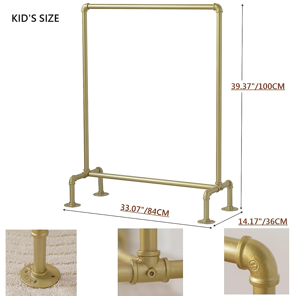 DOFURNILIM Industrial Kids Pipes Dress up Racks, Child Garment Racks, Kids Clothing Racks, Hanging Clothes Rod Storage Shelf Organizers Shelves Shelving, Gold Metal