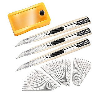 NEWISHTOOL 3 Pcs Retractable Paper Cutting Knife + 30 Pcs Snap Off 9mm Replacement Blades + 1 Pc Blade Breaker Disposal Container Box Tool