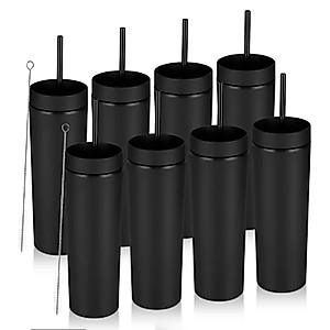 Modwnfy Black Skinny Tumbler with Lids & Straw(8 Pack), 16 Oz Black Tumblers in Bulk, Mate Black Tumblers, Acrylic Matte Tumbler, Reusable Cups with Lids & Straw, Plastic Tumbler Cups for DIY Gift