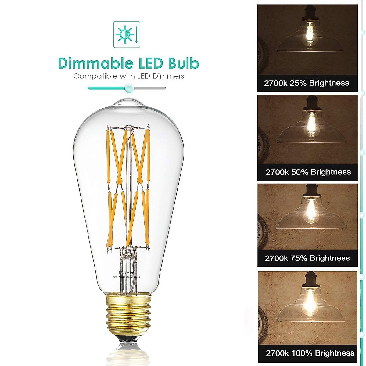 Leools 10W Edison Style Vintage LED Filament Light Bulb,100 Watt Equivalent Light Bulbs,Dimmable,Warm White 2700K,1200LM,ST64, E26 Medium Base Lamp, Antique Shape, (2 Pack)