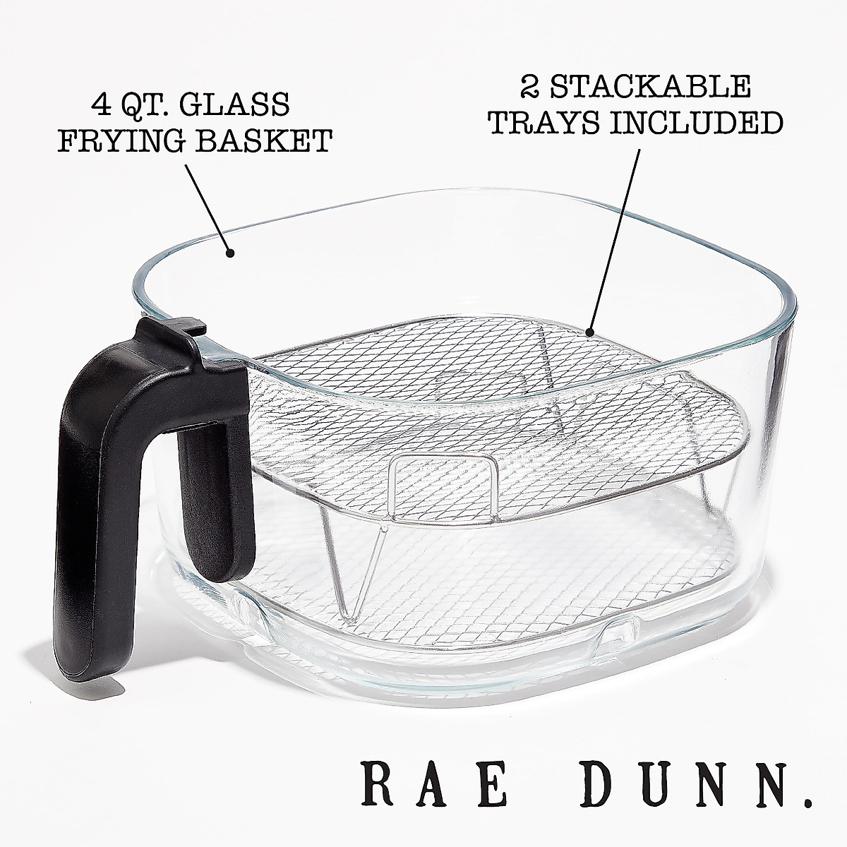 Rae Dunn 1200W 4Qt Air Fryer with GLASS Frying Basket, Dishwasher Safe, 2 Tier Tray, 60 Minute Timer, Digital Touch Display, and 6 Presets - Variable Temperature Control 175F - 400F, Black