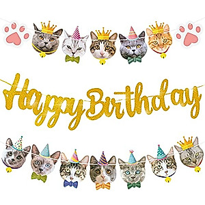 Cat Birthday Party Decoration Cat Faces Banner Gold Glitter Happy Birthday Banner for Meow Kitty Theme Birthday Party Baby Shower Supplies