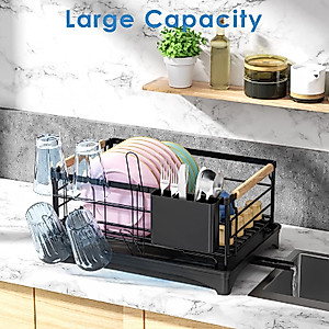 G-TING Dish Drying Rack, Dish Rack for Kitchen Counter, Rust-Proof Dish Drainer with Drying Board and Utensil Holder for Kitchen Counter Cabinet, 16.6” L× 12.6”W× 7.8”H, Black