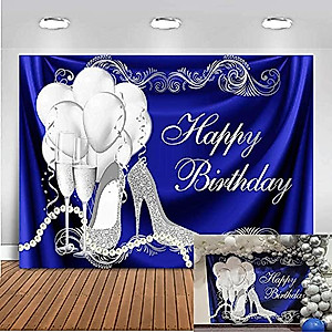 Mocsicka Royal Blue Happy Birthday Backdrop Silver High Heels Balloons Champagne Party Cake Table Decorations Sweet 16th Adult's Bday Photography Background (7x5ft)