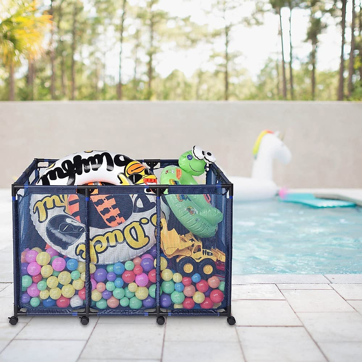 ZeHuoGe Rolling Mesh Pool Storage Bin, Metal Tube with Coating, Air Dry Items Quickly & Easily Roll The Mesh Storage Bins to Home Garage or Shed (48"x30"x34", Blue)