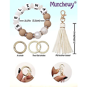 Munchewy Personalized Key Ring Bracelet Wristlet Keychain with Name, Car Keychain Holder Silicone Beaded Bracelet Keychain Bangle Chains with Leather Tassel Keyrings for Women(Lilac Daisy)