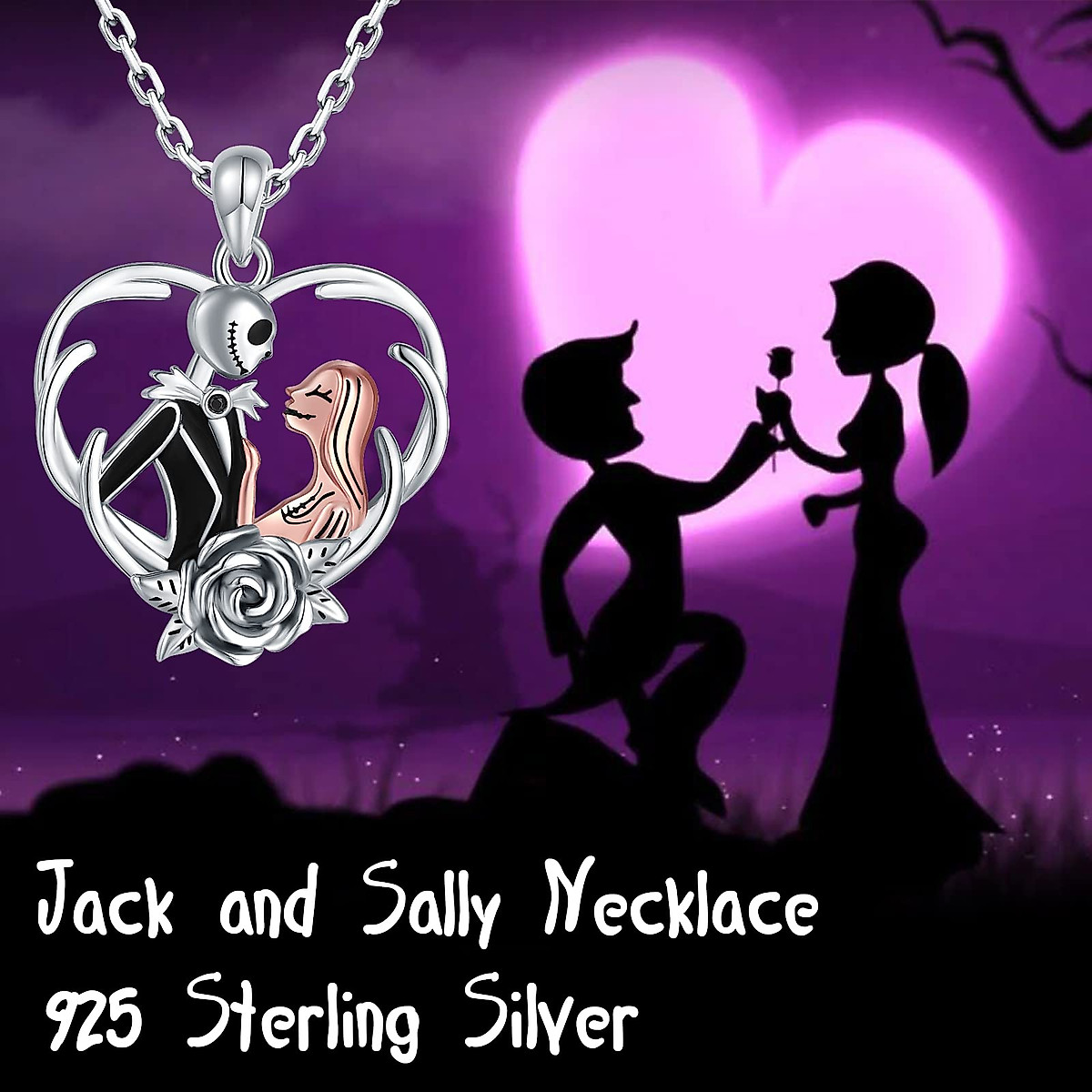 JZSANTI 925-Sterling-Silver Nightmare Necklace Gifts for Women - Jack And Sally Skull Rose Flower Heart Pendant Skellington Jewelry Nightmare Necklace Before Christmas Gifts for Wife Her