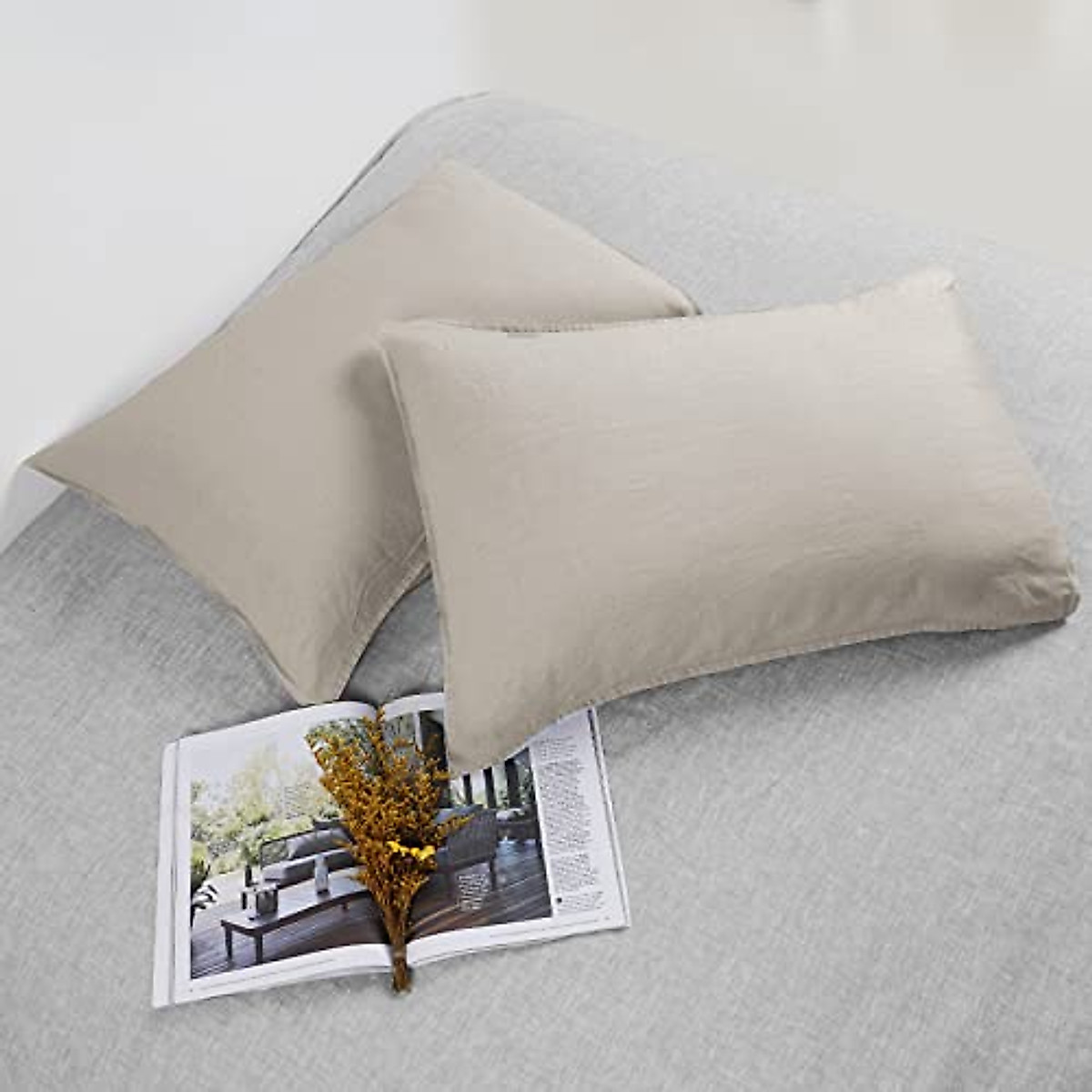 PHF 100% Linen Pillowcases Standard Size, Set of 2, No Insert, Washed French Flax Pillow Cases with Envelope Closure, Luxurious Breathable Comfy Pillow Shams, 20" X 26", No Filling, Linen Basic