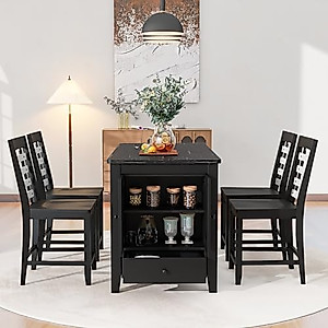 SIYSNKSI Rustic 5-Piece Counter Height Dining Table Set with Faux Marble Tabletop, Solid Wood Rectangle Dining Table with Storage Cabinet and Drawer for Dining Room Kitchen (Black 07)