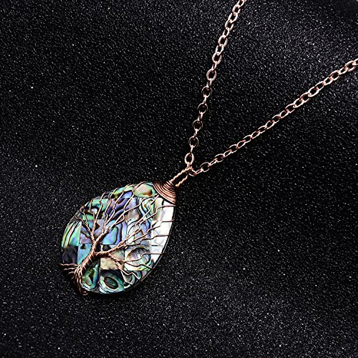 Tear Drop Abalone Tree of Life Necklace - Wire Wrap Abalone Shell Tree of Life Healing Crystal Pendant Necklace Fashion Rose Gold Plated Necklace Jewelry for Women
