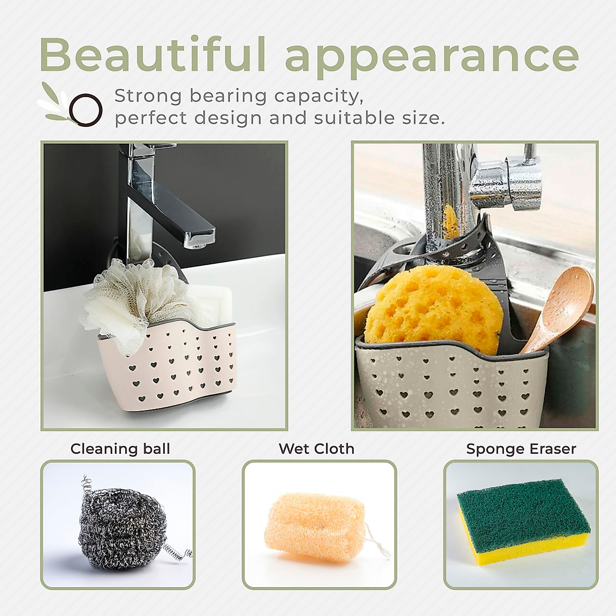 Sponge Holder for Kitchen Sink to Hang from the Faucet. Modern Adjustable Kitchen Sink Sponge Holder with Drain Holes For Drying.