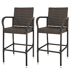 LEMY Outdoor Brown Wicker Rattan Bar Stool All-Weather Patio Furniture Chair Set with Armrest and Footrest (Set of 2)