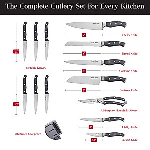 Master Maison Gray Kitchen Knife Set With Knife Block & Bonus Cleaver | German Stainless Steel Knives With Knife Sharpener & 6 Steak Knives | Professional Butcher Block Knife Sets For Kitchen