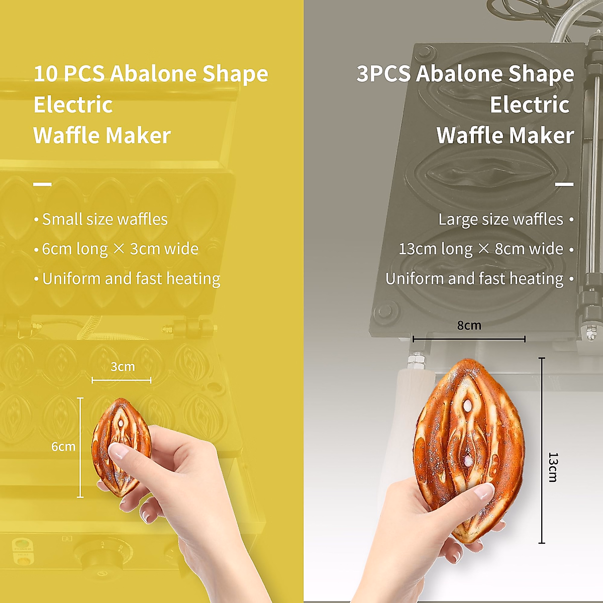 Vaseni Commercial Abalone Shape Waffle Maker Machine, 3 PCS Strange Shaped Electric Vagina Waffle Machine, Hot Dog Baker Maker, Strange Waffle Iron Non-Stick Inner, Temperature Control